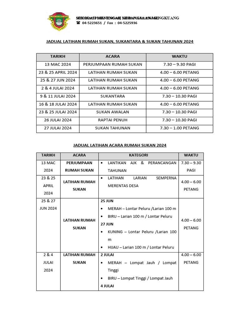 Jadual Latihan 2024 Pdf