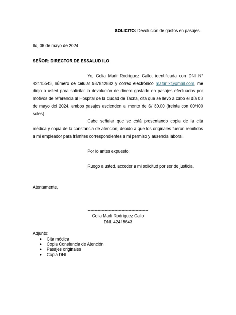 Solicitud Devolucion Pasajes ESSALUD | PDF | Derecho