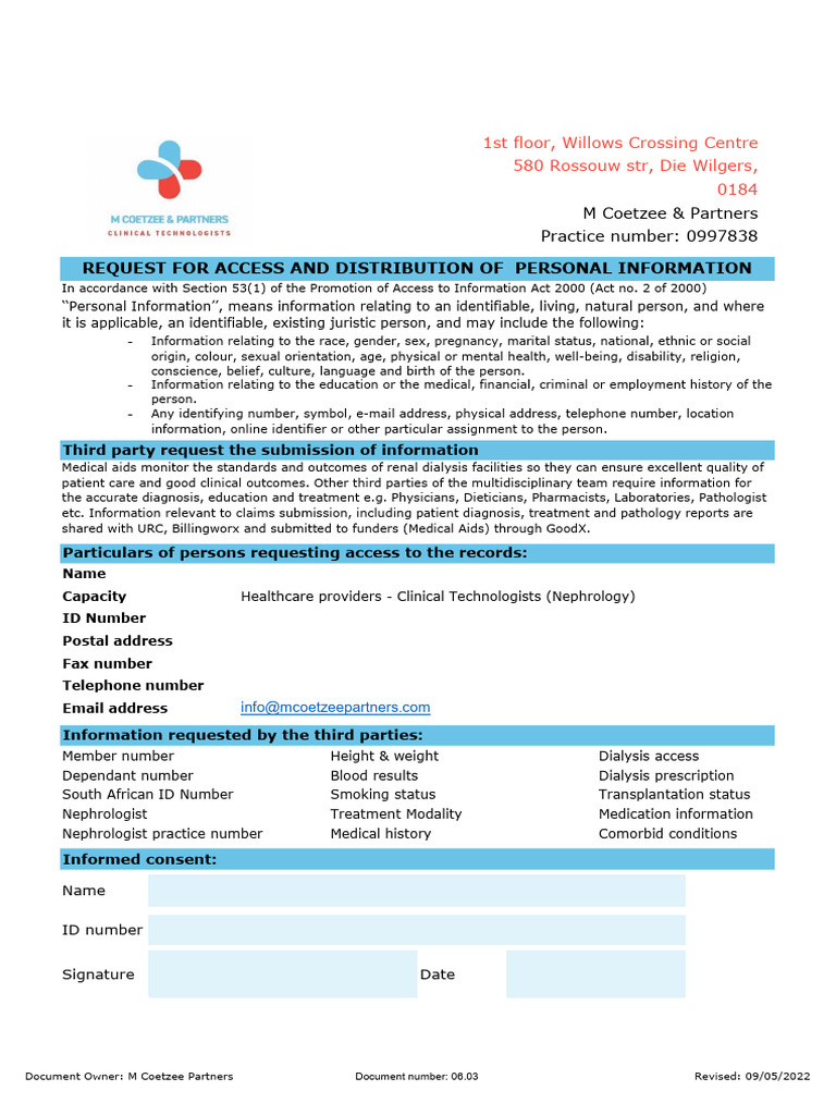 Popi Complaince Patient Consent Blank | PDF | Nephrology | Public Services