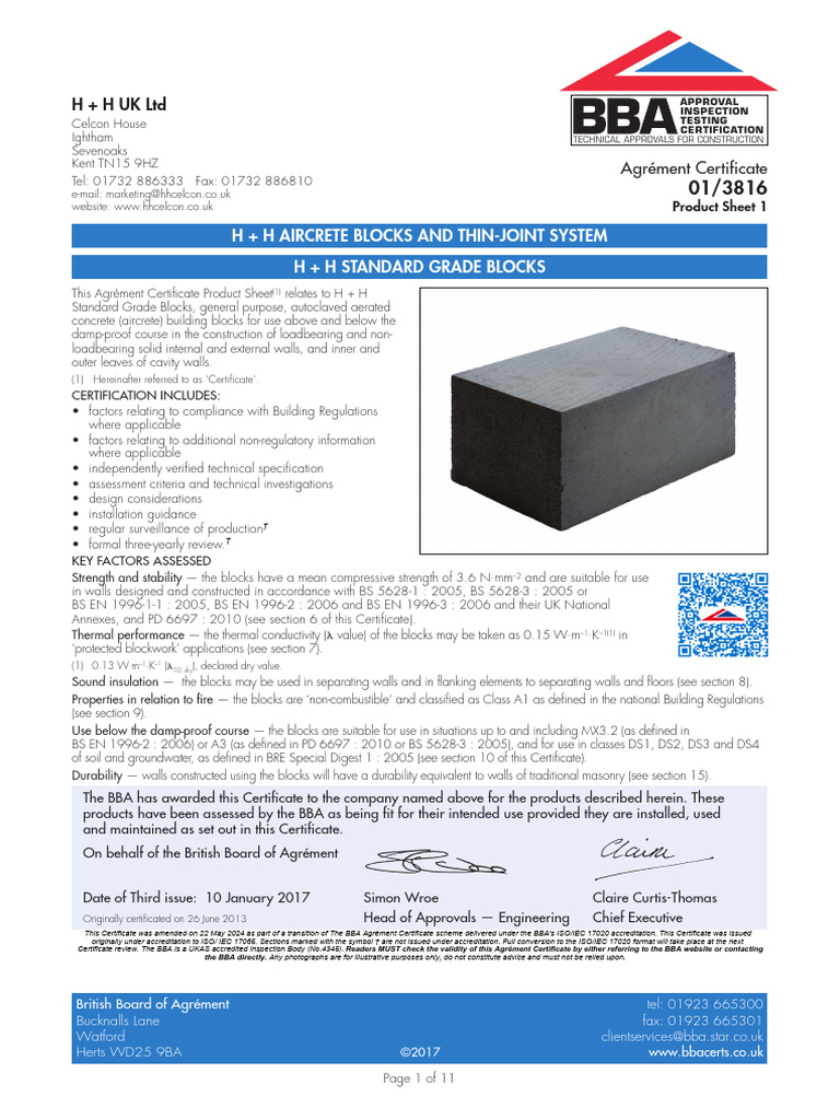BBA Cert 01 - 3816 Sheet 1 Standard (Jan 2017a) | PDF | Masonry | Wall