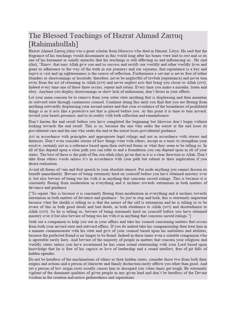 The Blessed Teachings of Hazrat Ahmad Zarruq Ra 2 | PDF | God In Islam ...