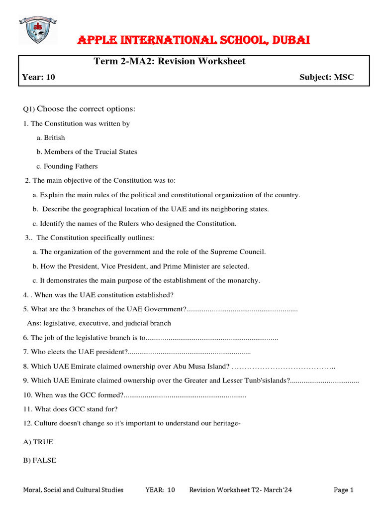 MA-2 Term-2 Revision worksheet MSC-Y10 (1) 2024 | PDF | United Arab ...