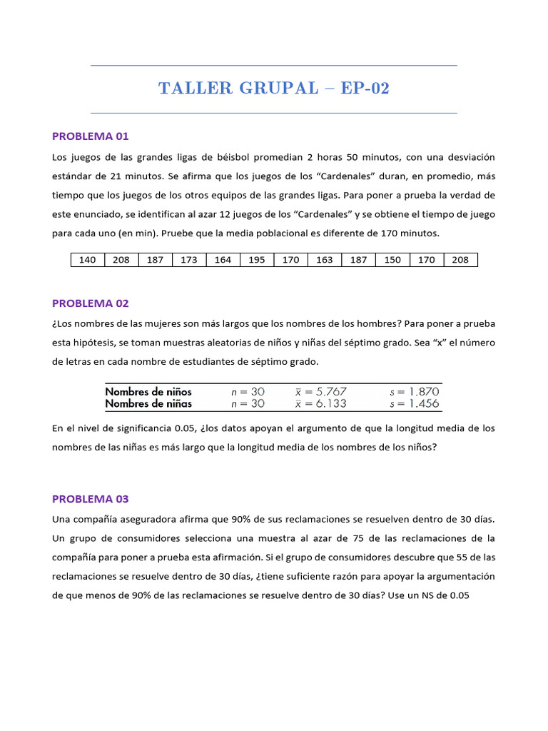 E - Inferencial - 2h - TALLER GRUPAL - EP - 02 | PDF | Muestreo (Estadísticas) | Método científico