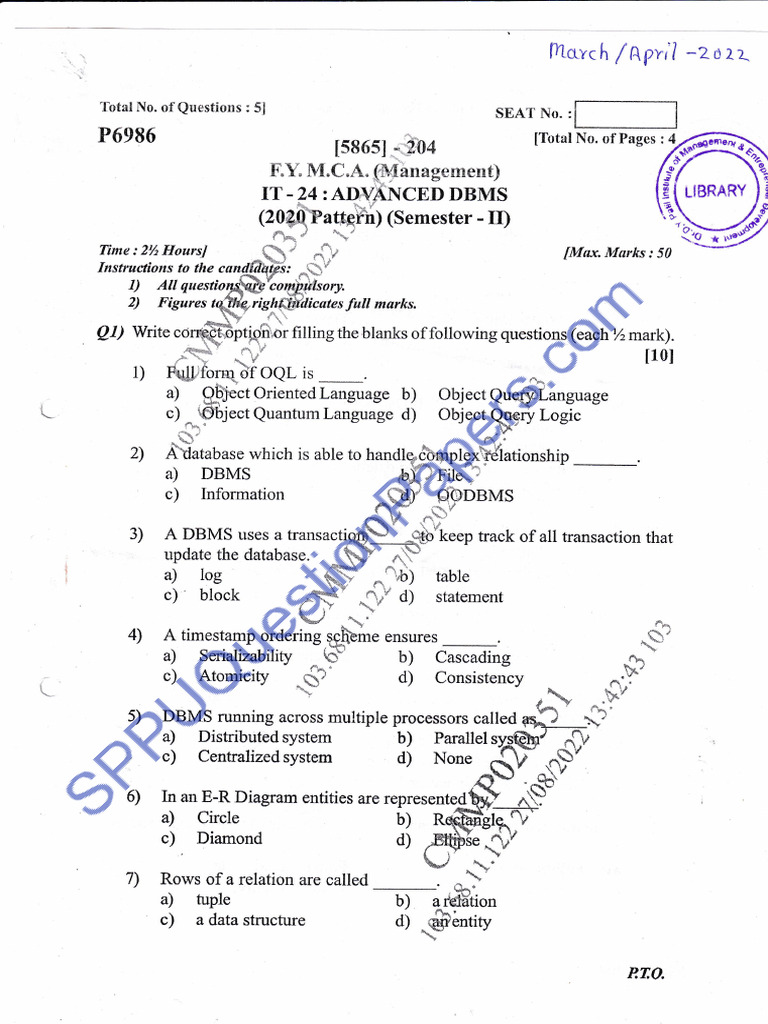 Postgraduate PG - Master Computer Applications Mca - Semester 2 - 2022 - May - Advanced dbms2020 ...