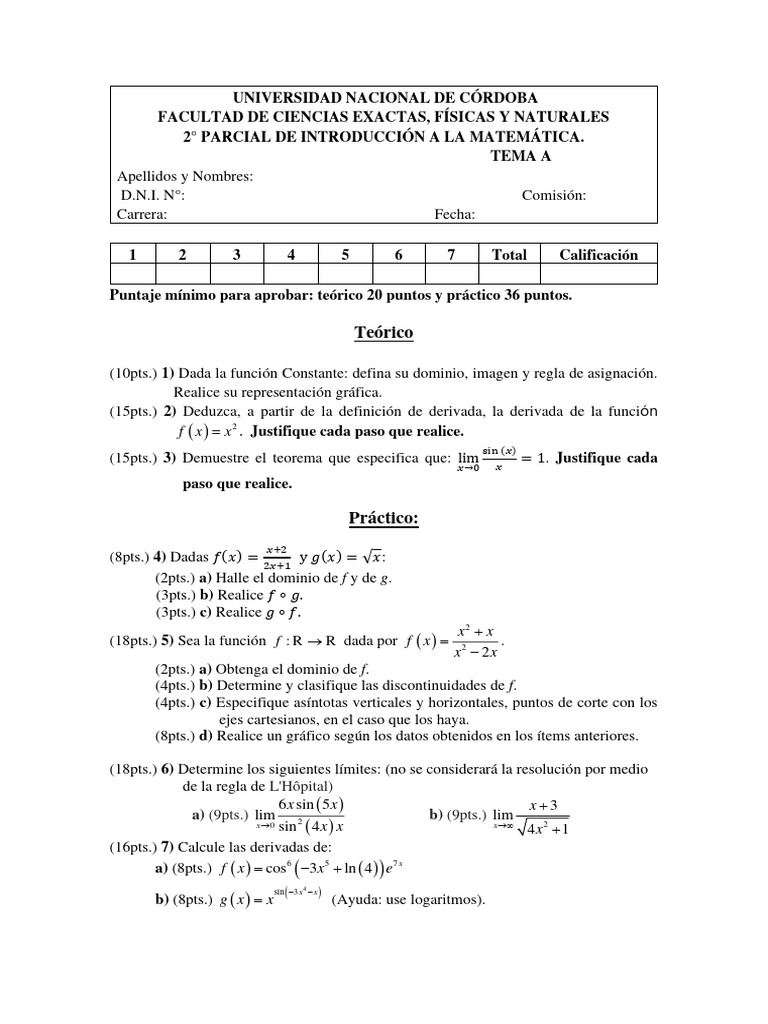 Examen de Matemáticas: 2° Parcial UNC | PDF | Función (Matemáticas ...
