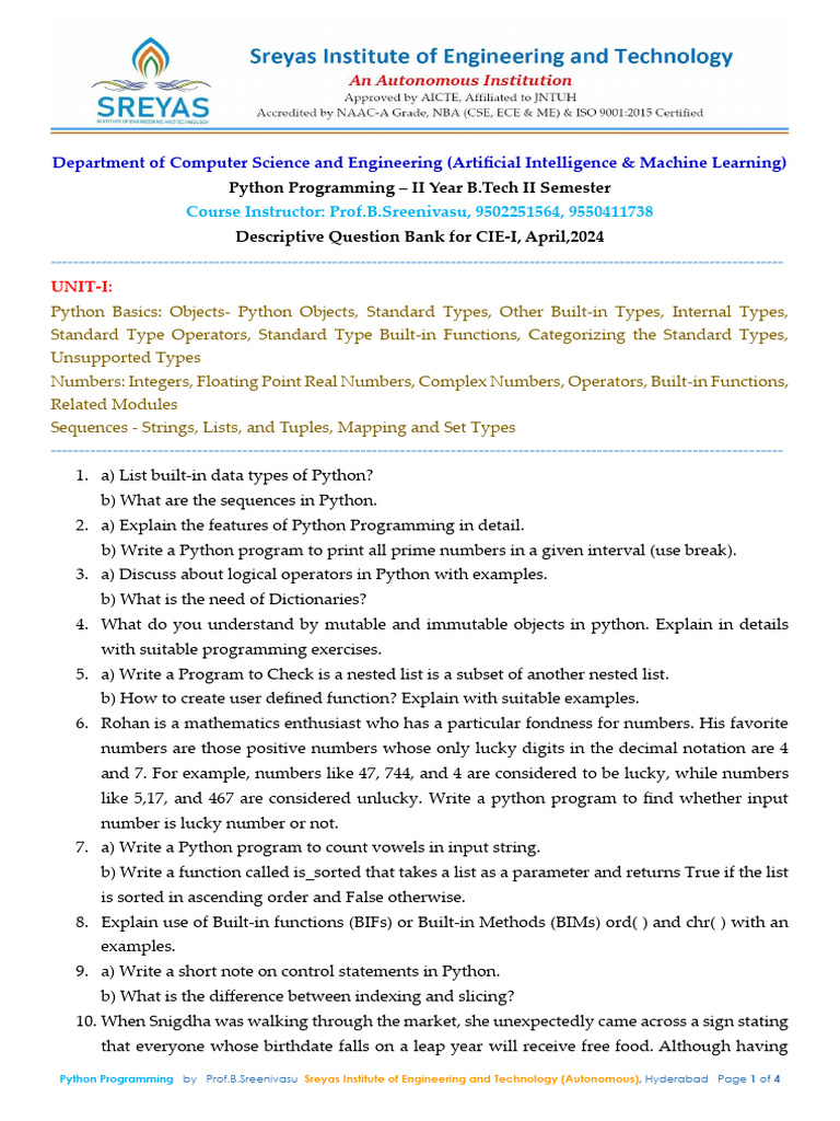 Python Programming Descriptive QBank CIE-I April 2024 Lastupdated 23-04-2024 2PM | PDF ...