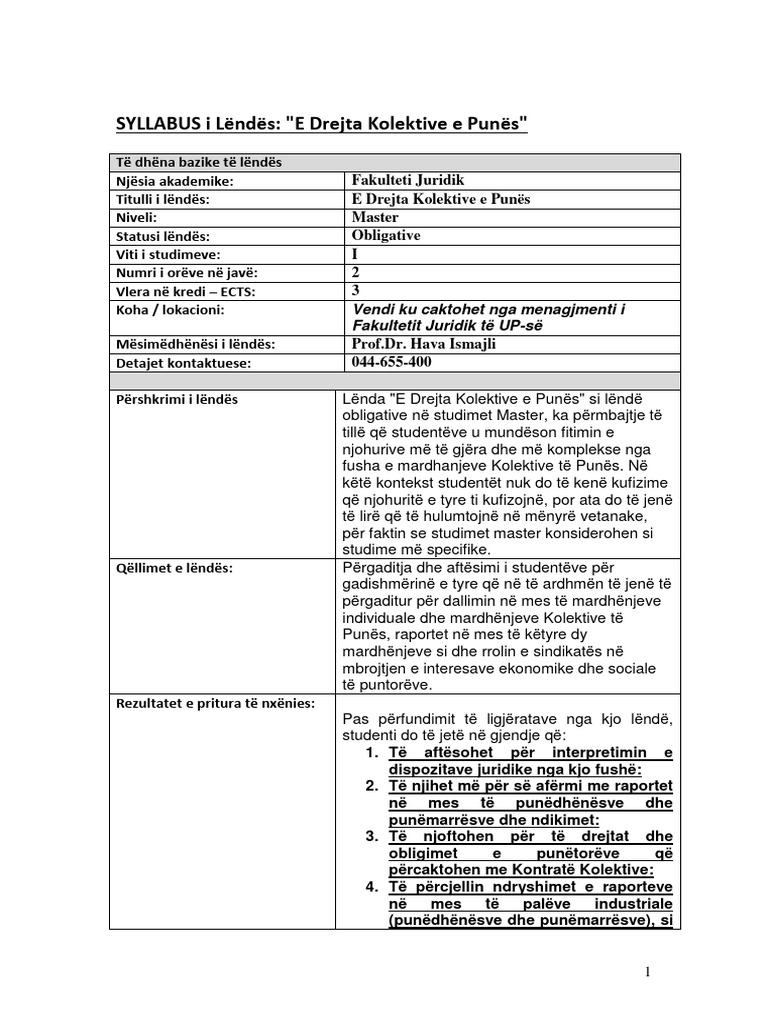 SYLLABUS I Lëndës: "E Drejta Kolektive e Punës": Vendi Ku Caktohet Nga Menagjmenti I Fakultetit ...