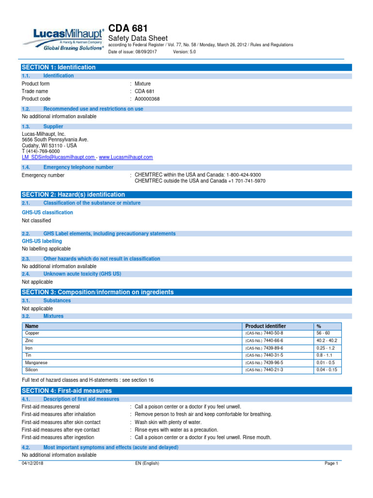 CDA 681 Safety Data Sheet Overview | PDF | Toxicity | Personal ...