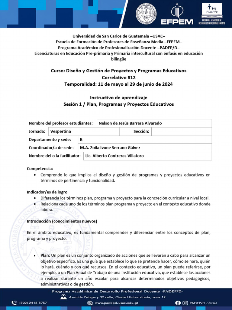 Instrumento Aprendizaje #1, Planes, Programas y Proyectos Educativos | PDF | Aprendizaje | Maestros