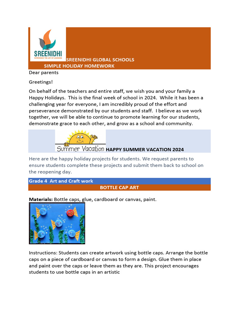 Sreenidhi Summer Holiday Projects Grade 4 Pdf