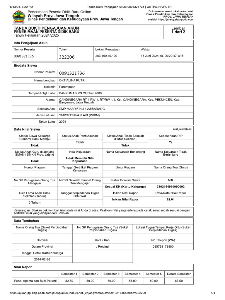 Tanda Bukti Pengajuan Akun - 0091321736 - OKTIALINA PUTRI | PDF
