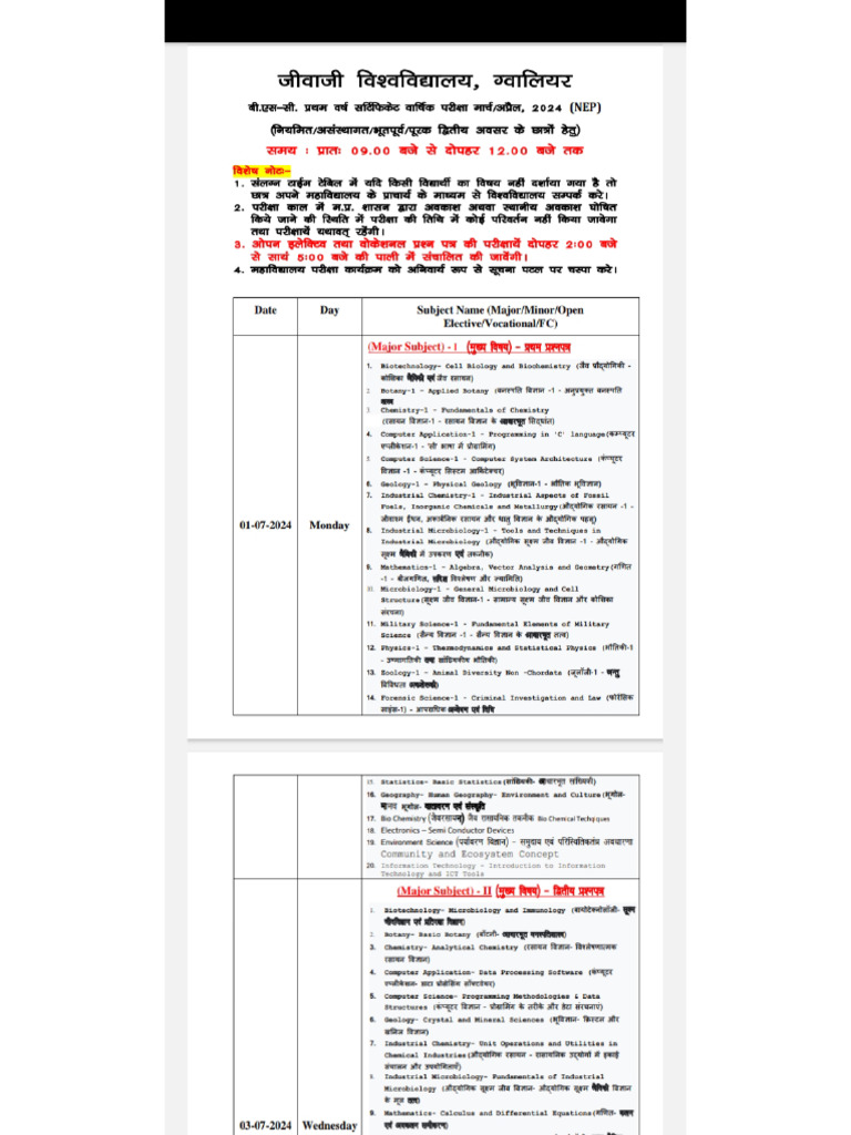 BSC 1st Year Time Table | PDF