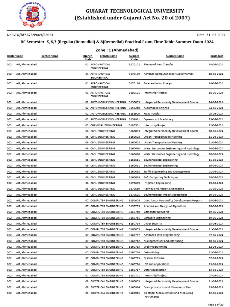 GTU Practical Exam Schedule 2024 | PDF | Mechanical Engineering | Engineering