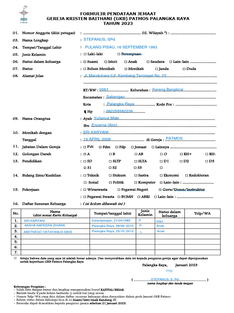 Formulir Pendataan Jemaat Patmos 2023 | PDF