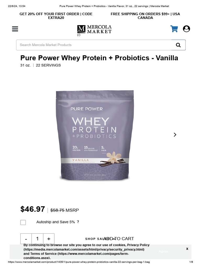 Pure Power Whey Protein + Probiotics - Vanilla Flavor, 31 Oz., 22 ...