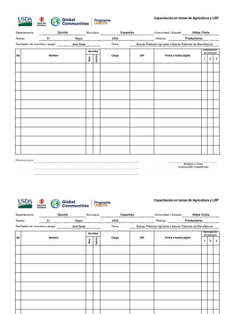 Planilla Capacitación A Productores Aldea Chola | PDF | Agricultura | Ciencia de la agricultura