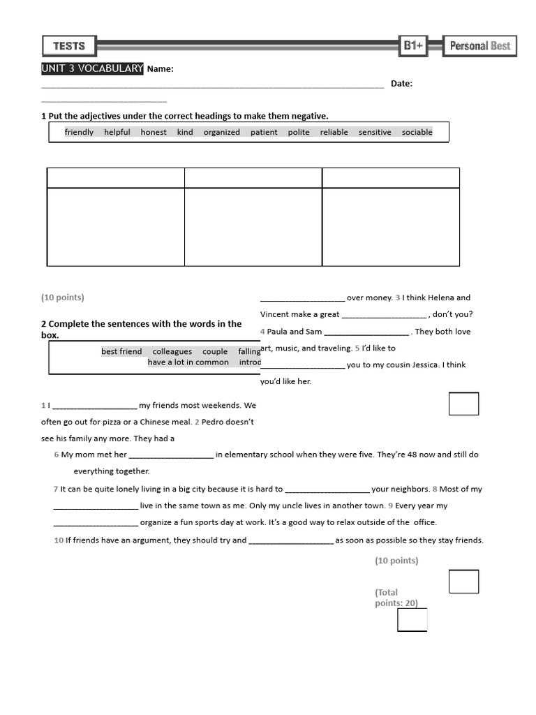 Personal Best B1+ Unit 3 Vocab Test | PDF