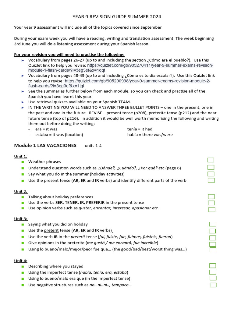 Year 9 Revision Guide Summer 2024 | PDF | Grammatical Tense | Syntax