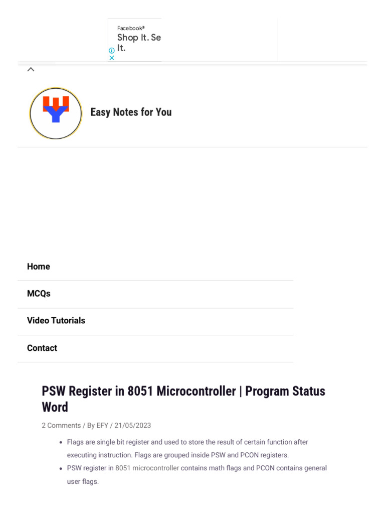 PSW Register in 8051 Microcontroller - Program Status Word | PDF | Microcontroller | Computer ...