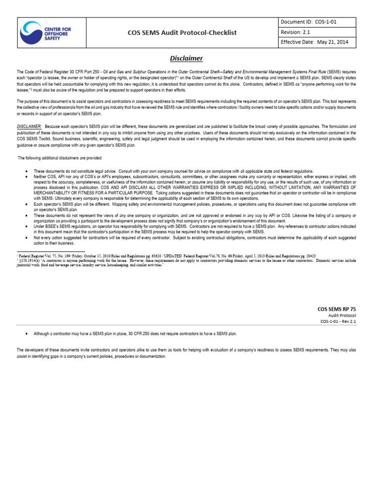 COS-1-01 - Rev 21 - SEMS II RP 75 - Audit Protocol | PDF | Safety