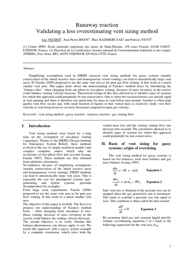 Runaway Reaction Validating A Less Overestimating Vent Sizing Method ...