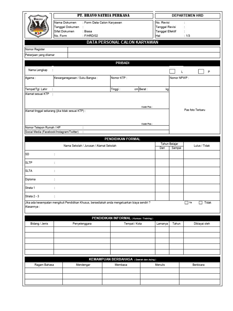Data Isian Calon Karyawan | PDF