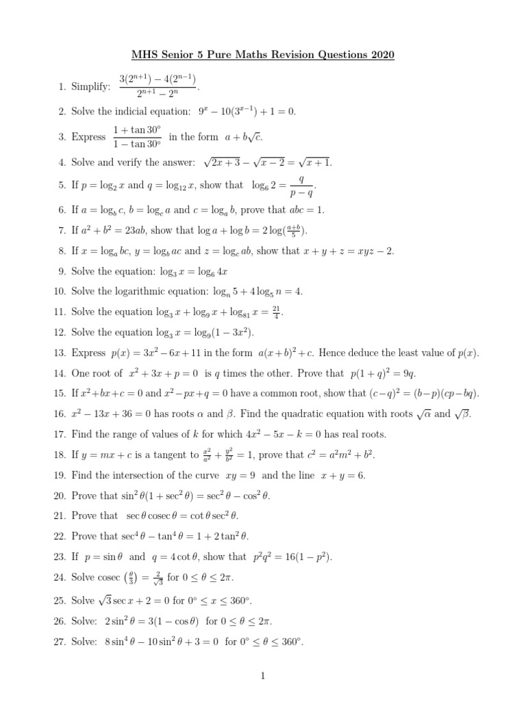 MHS Senior 5 Pure Maths Revision Questions 2020 | PDF | Mathematics ...
