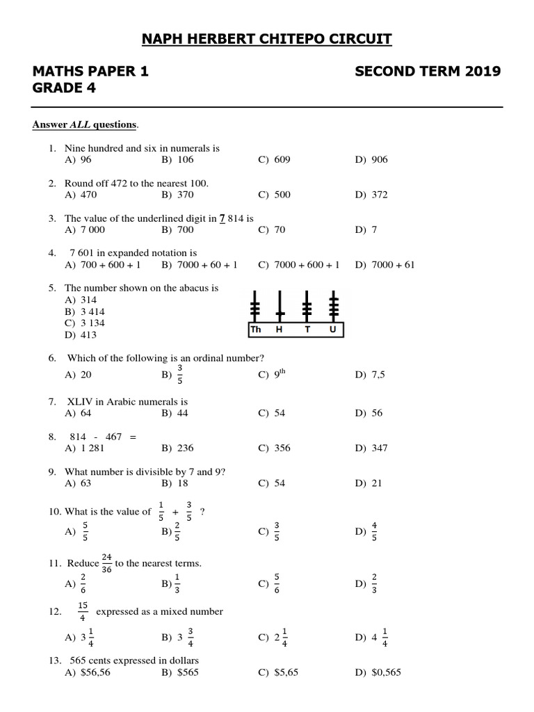 NAPH Maths Grade 4 2nd Term 2019 | PDF | Mathematics | Arithmetic