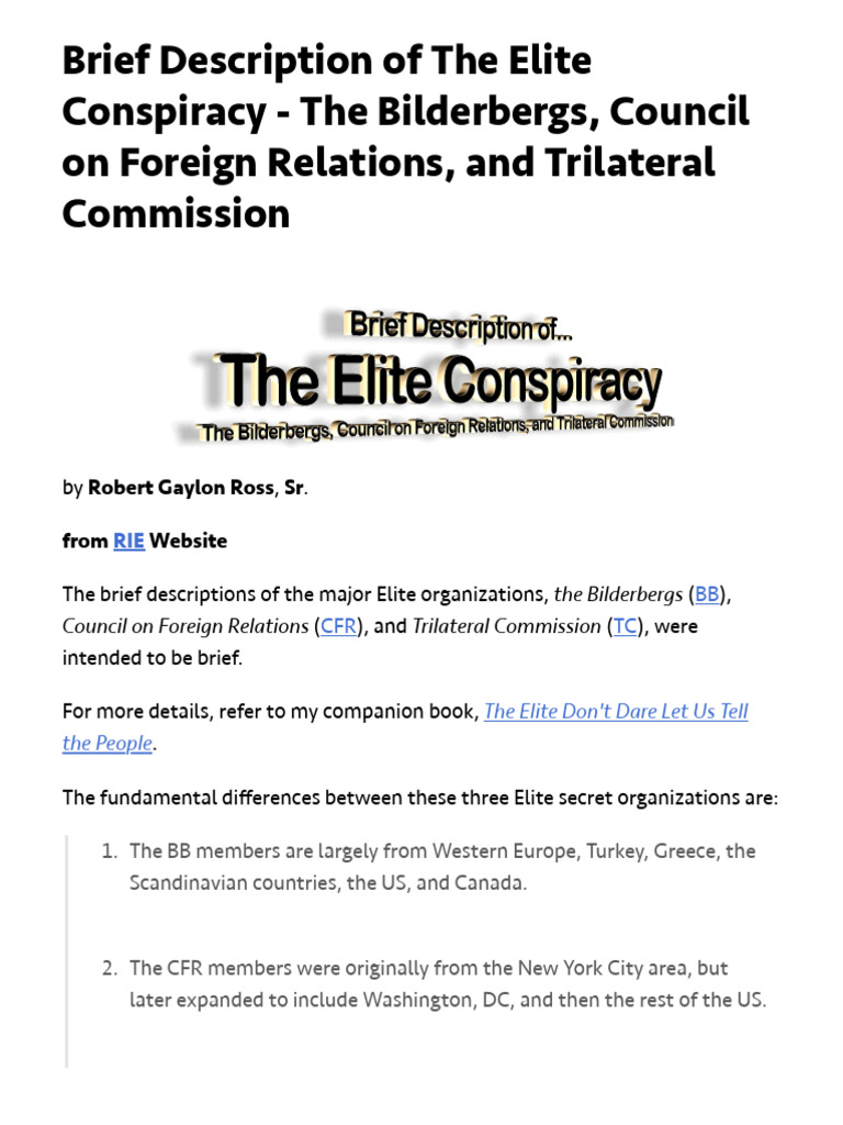 Personal - Brief Description of The Elite Conspiracy - The Bilderbergs, Council On Foreign ...