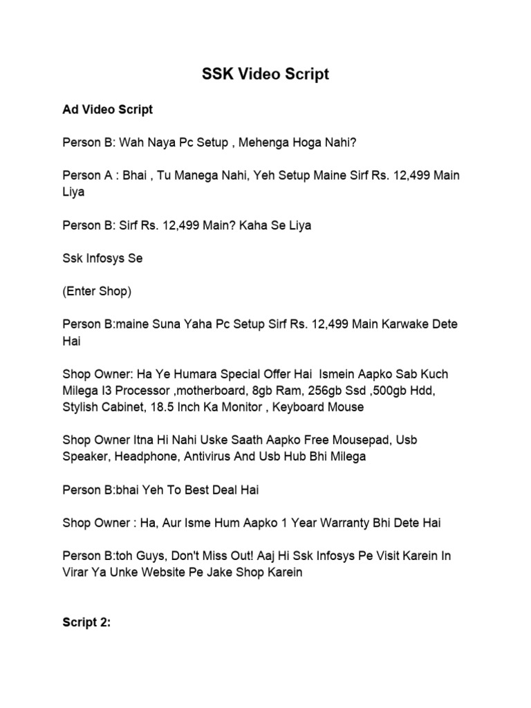 SSK Infosys Video Script | PDF | Electronics | Computer Data