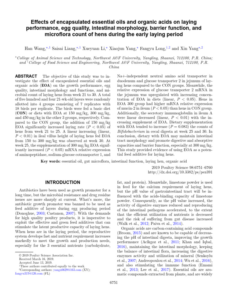 Effects of Encapsulated Essential Oils and Organic Acids On Laying Performance, Egg Quality ...