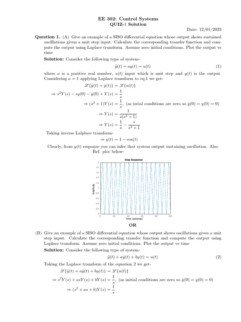 EE302 D Quiz 1 Solution | PDF | Laplace Transform | Mathematical Concepts