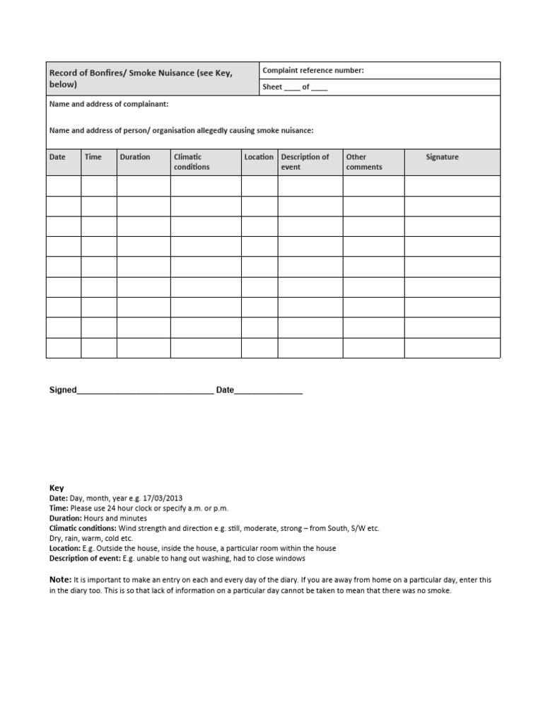Smoke Nuisance Diary Sheet | PDF | Nuisance