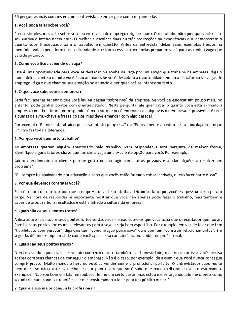 Perguntas para Entrevista de Emprego | PDF | Entrevista | Liderança