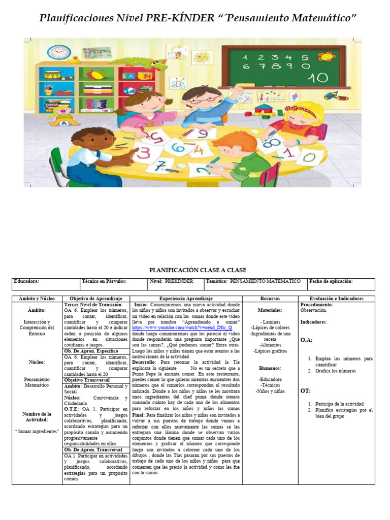 Planificaciones Nivel Pre-Kinder Pensamiento Matemático Priorizaciones ...