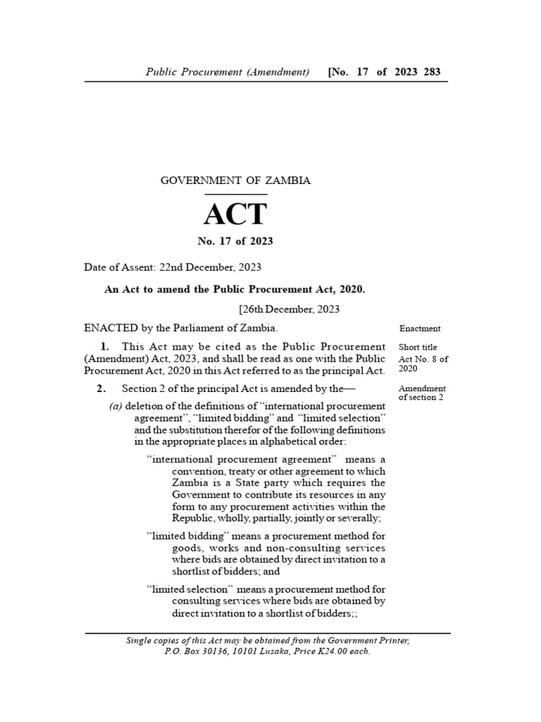 Public Procurement Amendment Act 2023 | PDF | Auction | Procurement