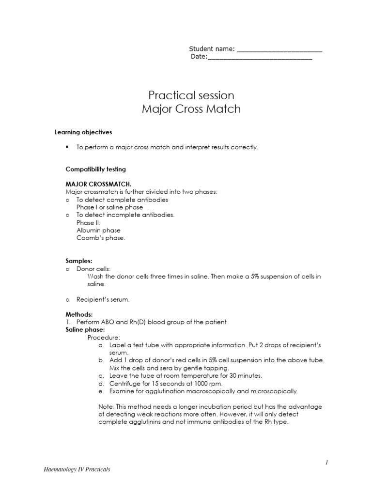 Major Cross Match Practical Guide | PDF | Clinical Pathology | Vertebrates