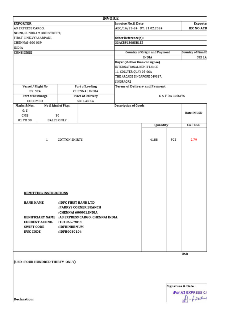 A3 Express Cargo Aec17 Invoice & Packing List (Amount Details) | PDF