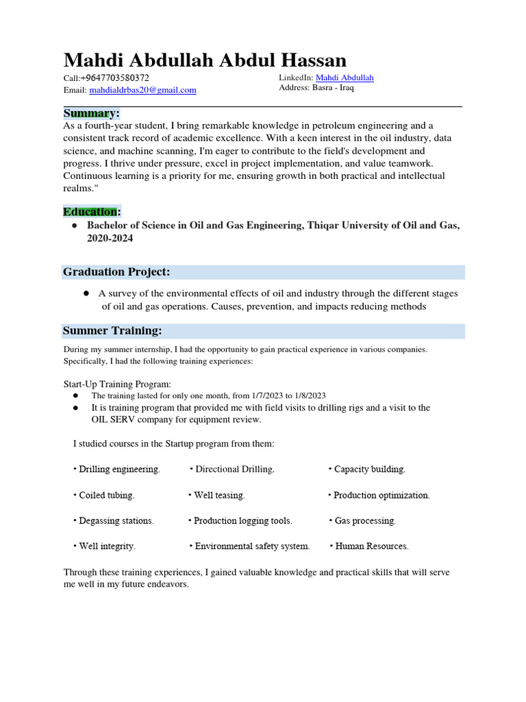 Mahdi Abdullah CV - Edited | PDF | Oil Well | Engineering