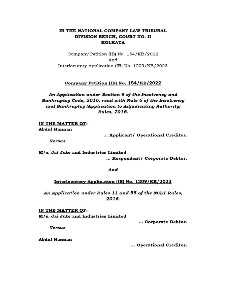 Abdul Hannan vs. Jai Jute and Industries Ltd. - NCLT Kolkata Bench ...