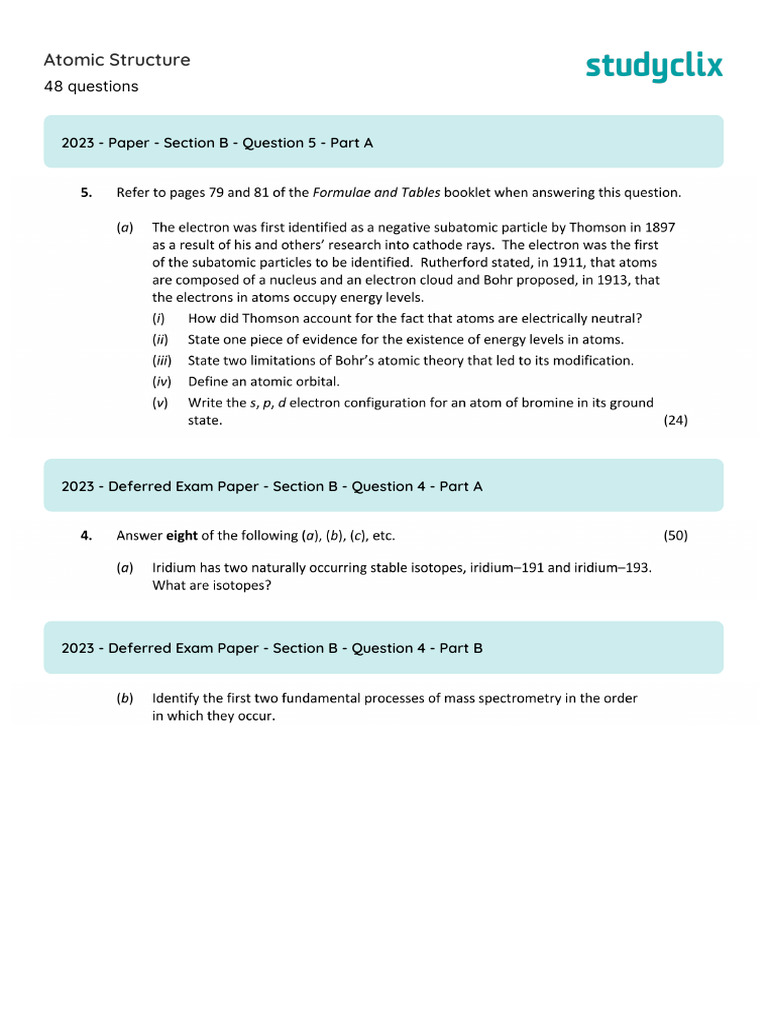 Atomic Structure Questions | PDF
