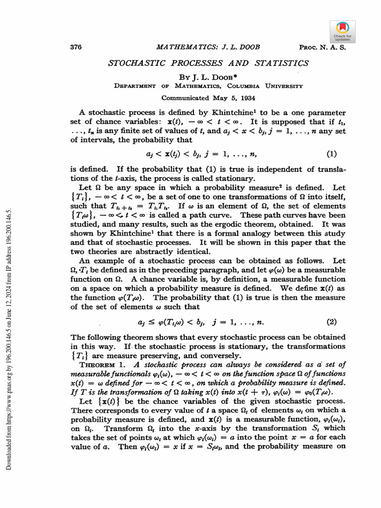 Doob 1934 Stochastic Processes and Statistics | PDF | Applied Mathematics | Statistical Theory