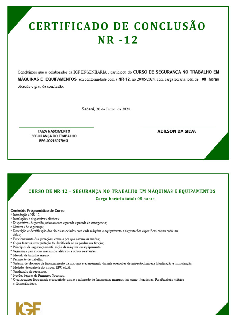 Modelo de Certificado Do Curso de NR 12 | PDF | Computadores