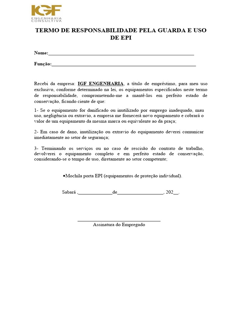 Termo de Responsabilidade Pela Guarda e Uso de Epi - Igf | PDF