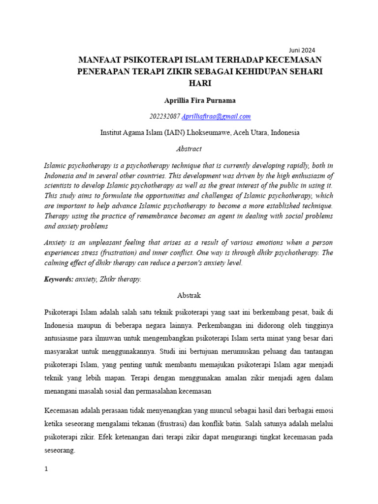 Manfaat Psikoterapi Islam Terhadap Kecemasan Penerapan Terapi Zikir ...