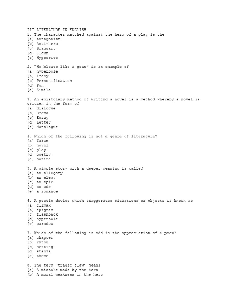 English Literature Quiz Questions | PDF | Poetry