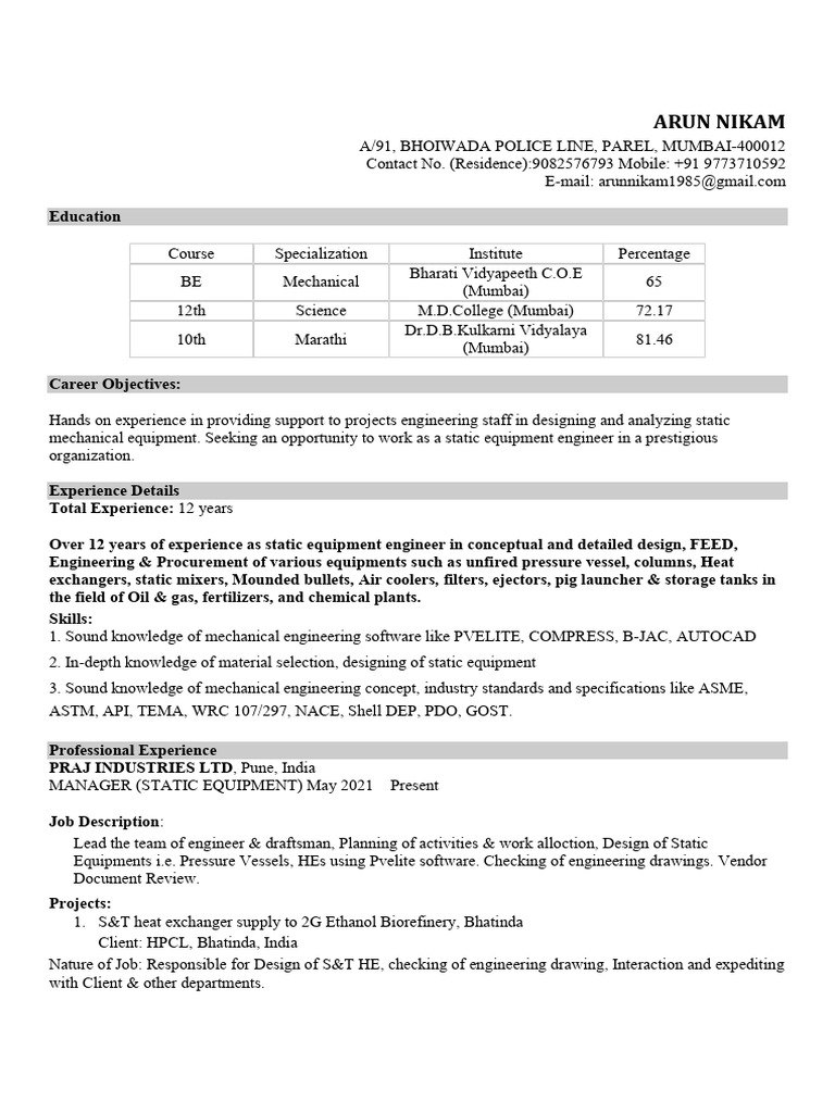 Arun Nikam-Static Eqpt Engg - CV | PDF | Engineering