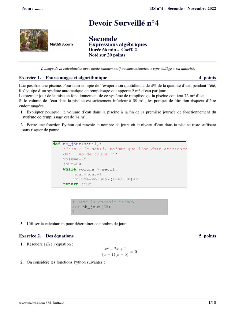 Devoir Maths Seconde: Algèbre et Python | PDF | Piscine | Mathématiques