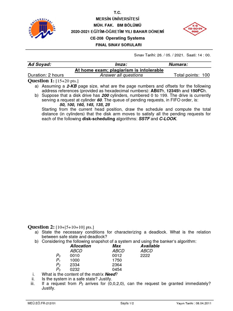 Operating Systems Final Exam 2021 | PDF | Scheduling (Computing ...