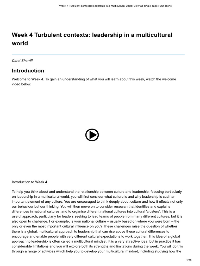 Week 4 Turbulent Contexts Leadership in A Multicultural World | PDF | Leadership | Thought
